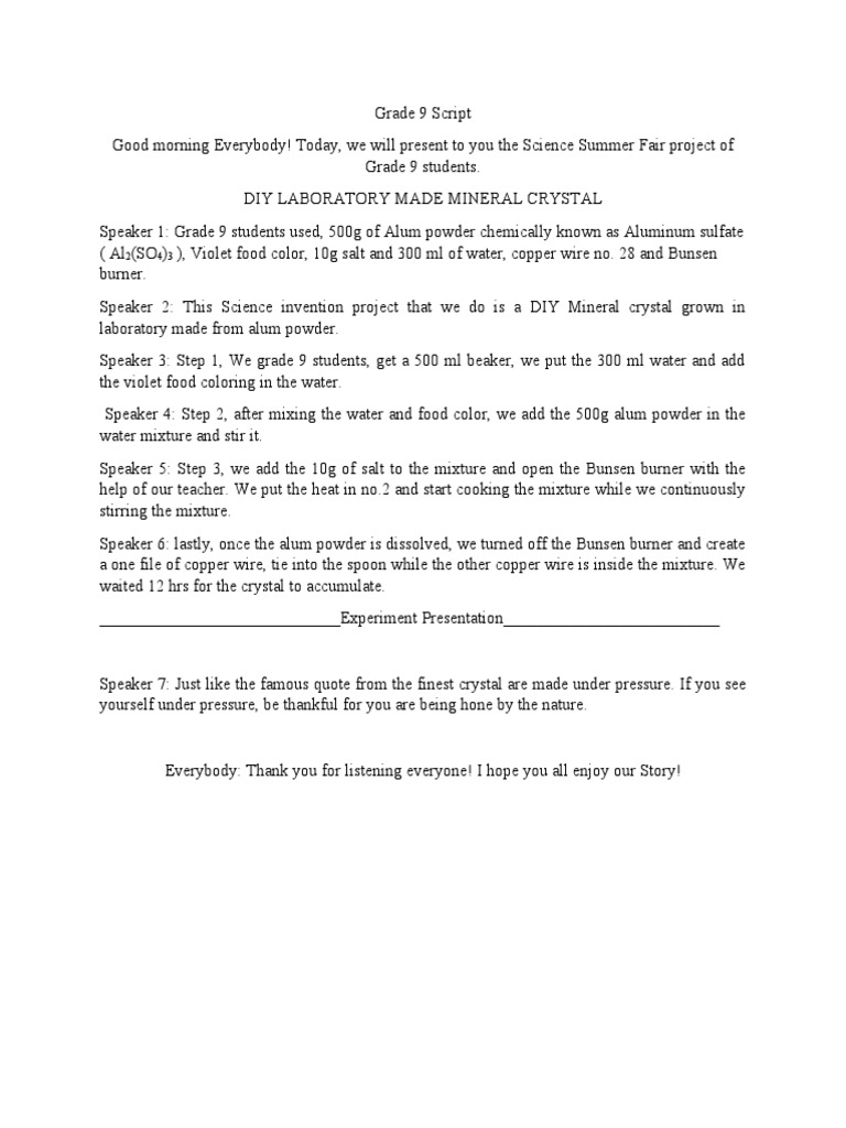 Grade 9 Summer Science Fair Script | PDF