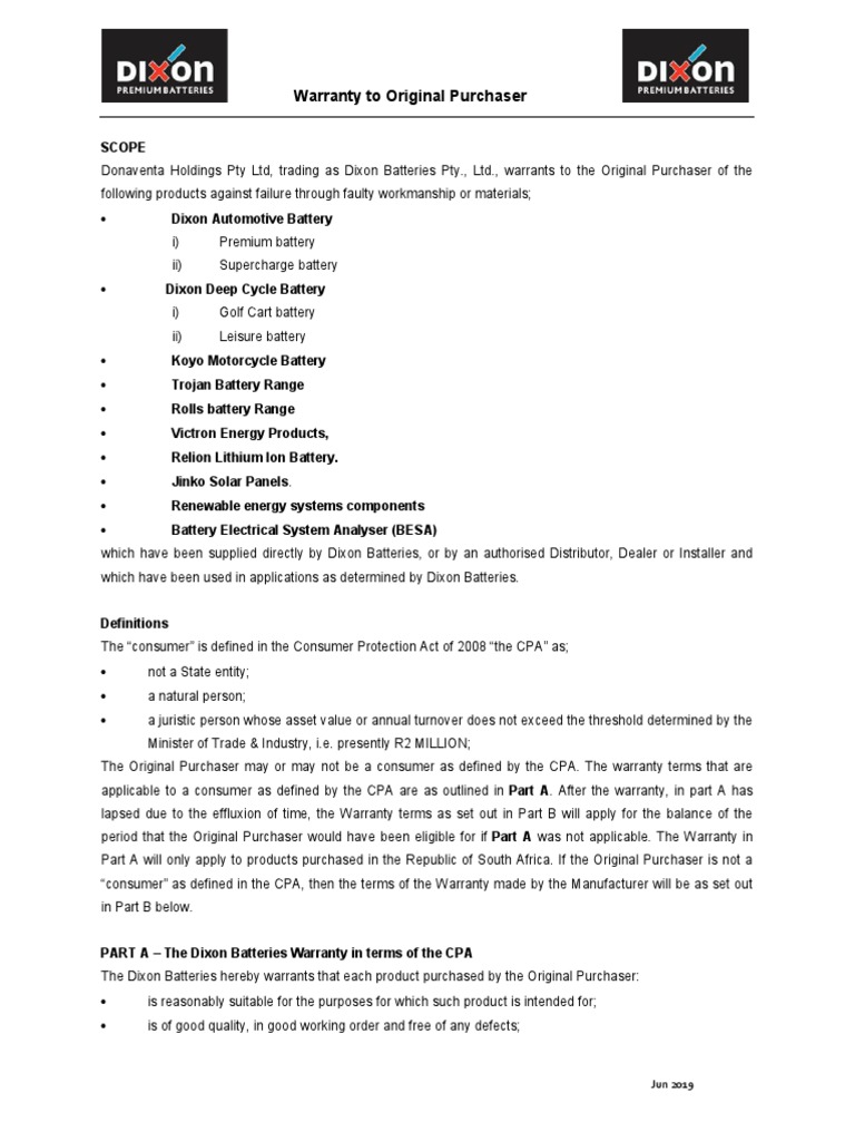 Dixon Battery Warranty Overview | PDF | Battery Charger | Legal Liability