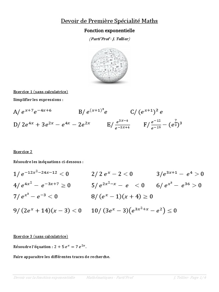 Devoir Exponentielle 1ere Spe Maths PP JTellier | PDF | Fonction ...