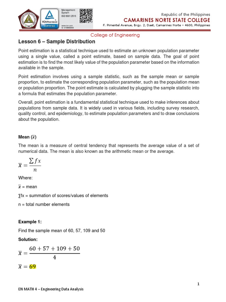 Lesson 6 - Sampling Distribution | PDF | Standard Deviation | Mean