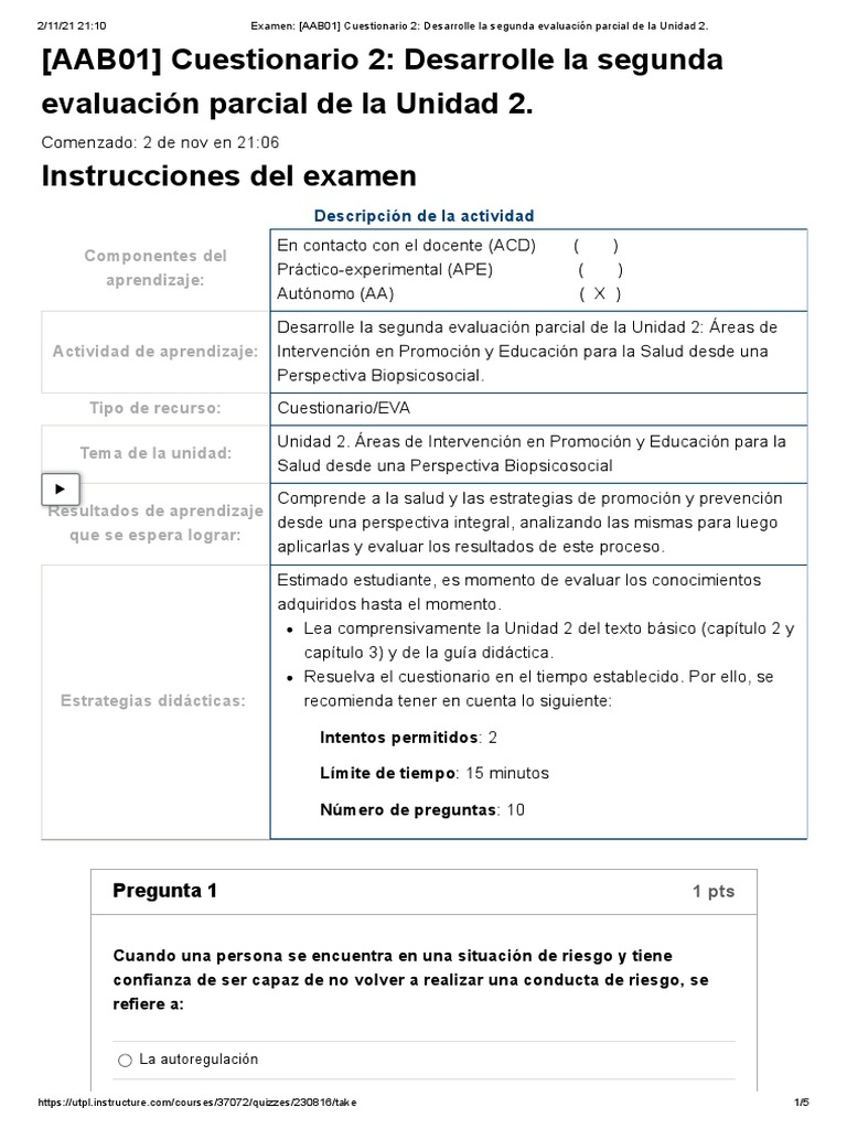 Examen - (AAB01) Cuestionario 2 - Desarrolle La Segunda Evaluación Parcial de La Unidad 2 | PDF ...