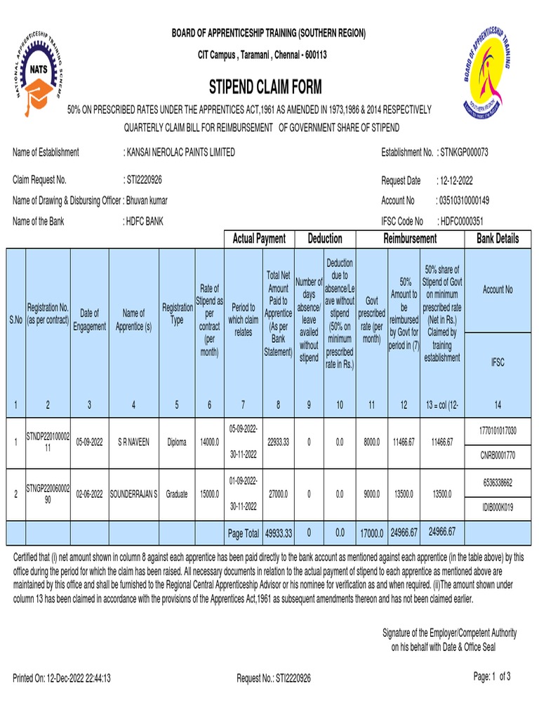 STI2220926 StipendClaimForm | PDF | Apprenticeship | Banks