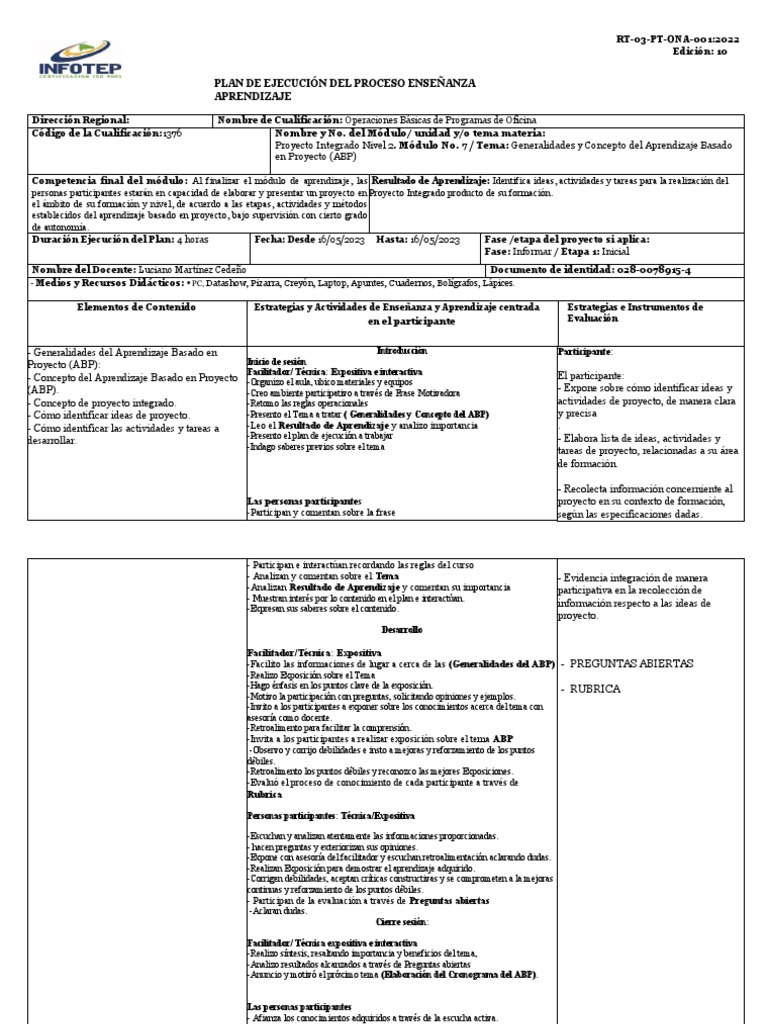 RT-03-PT-ONA-001 - Plan de Ejecución ABP 1 | PDF | Aprendizaje | Evaluación
