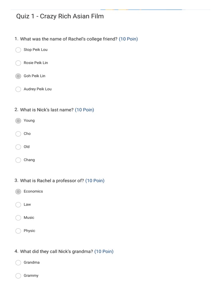 Quiz 1 - Crazy Rich Asian Film | PDF
