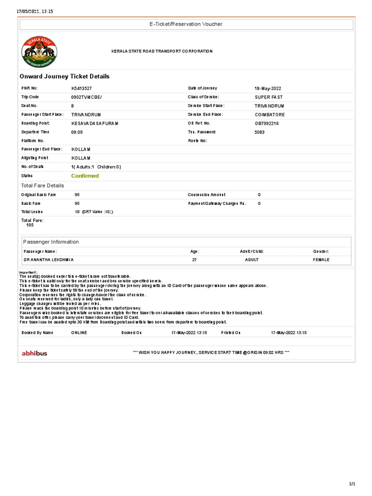 KSRTC Booking Form | PDF | Fare | Ticket (Admission)