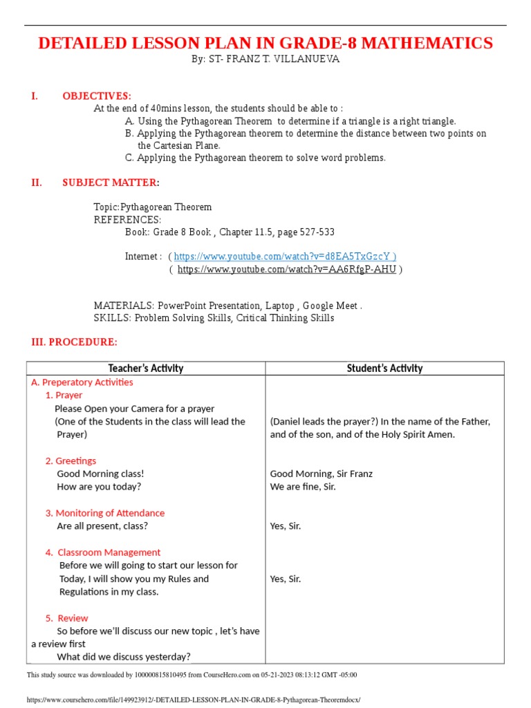 Grade 8 Pythagorean Theorem Lesson Plan | PDF | Mathematics ...