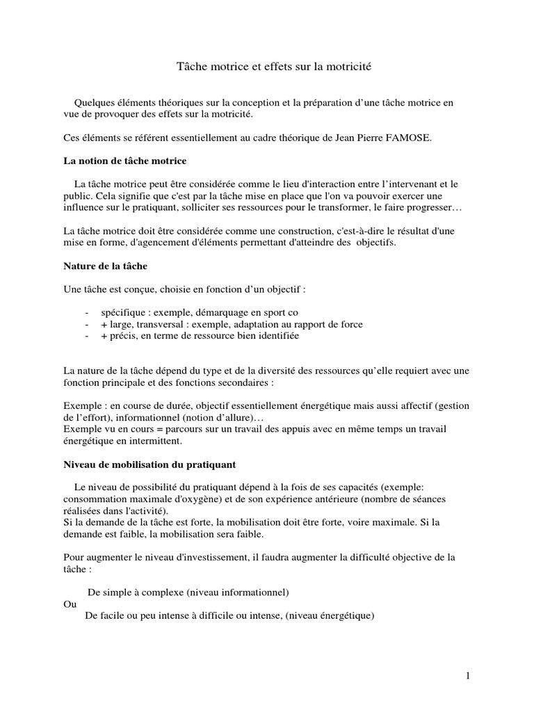 Tâche motrice : principes et enjeux | PDF | Planification