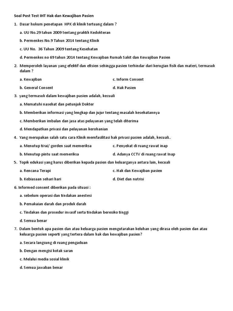 Soal Post Test IHT Hak Dan Kewajiban Pasien | PDF