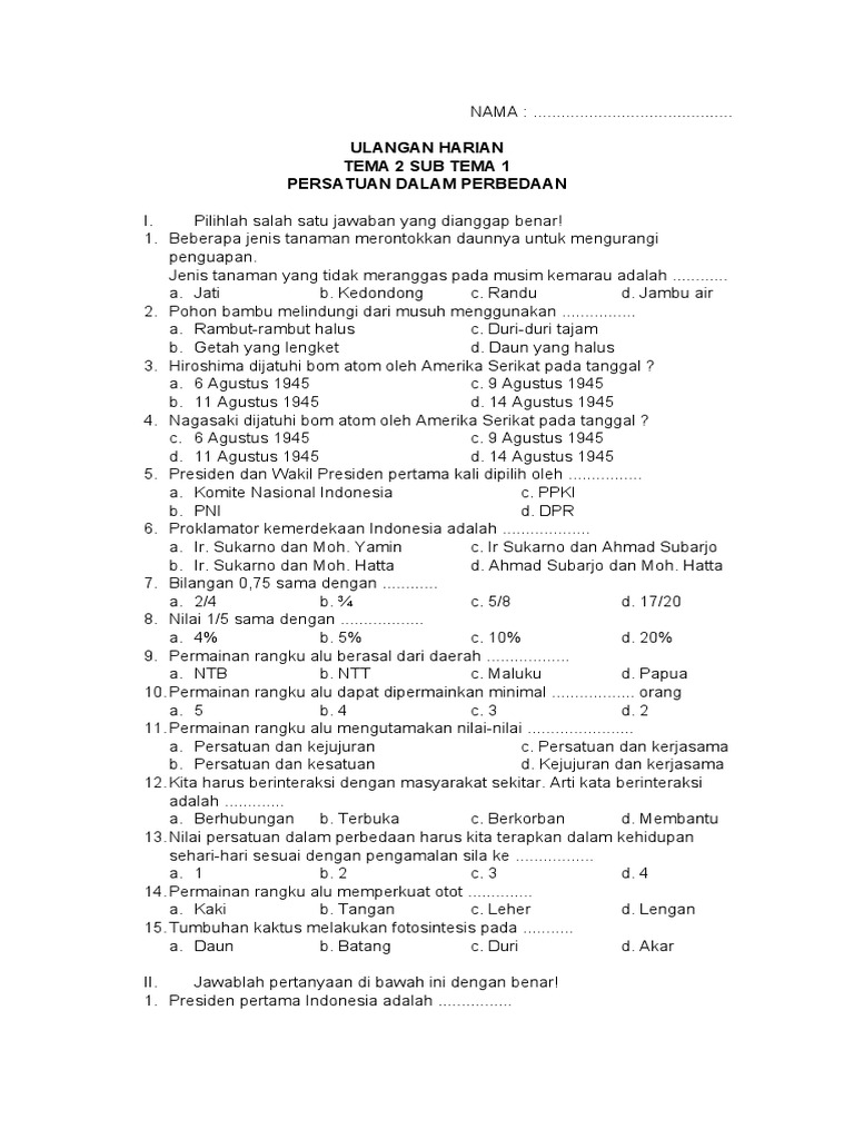 Soal Ulangan Harian Tema 2 Sub Tema 1 Tahun 2018 | PDF