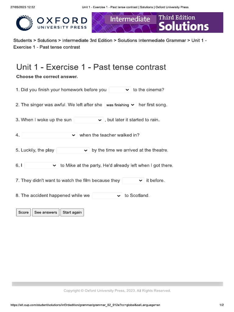 Unit 1 - Exercise 1 - Past Tense Contrast - Solutions - Oxford University Press | PDF