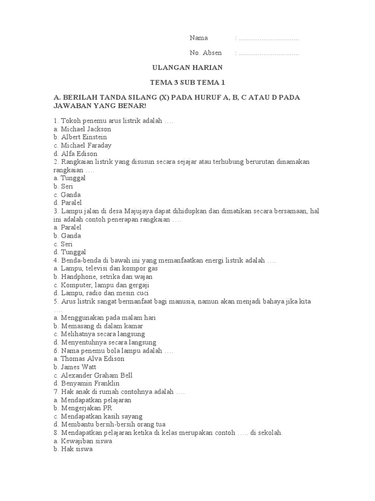 Soal Ulangan Harian Tema 3 Sub Tema 1 Tahun 2019 | PDF | Perjalanan