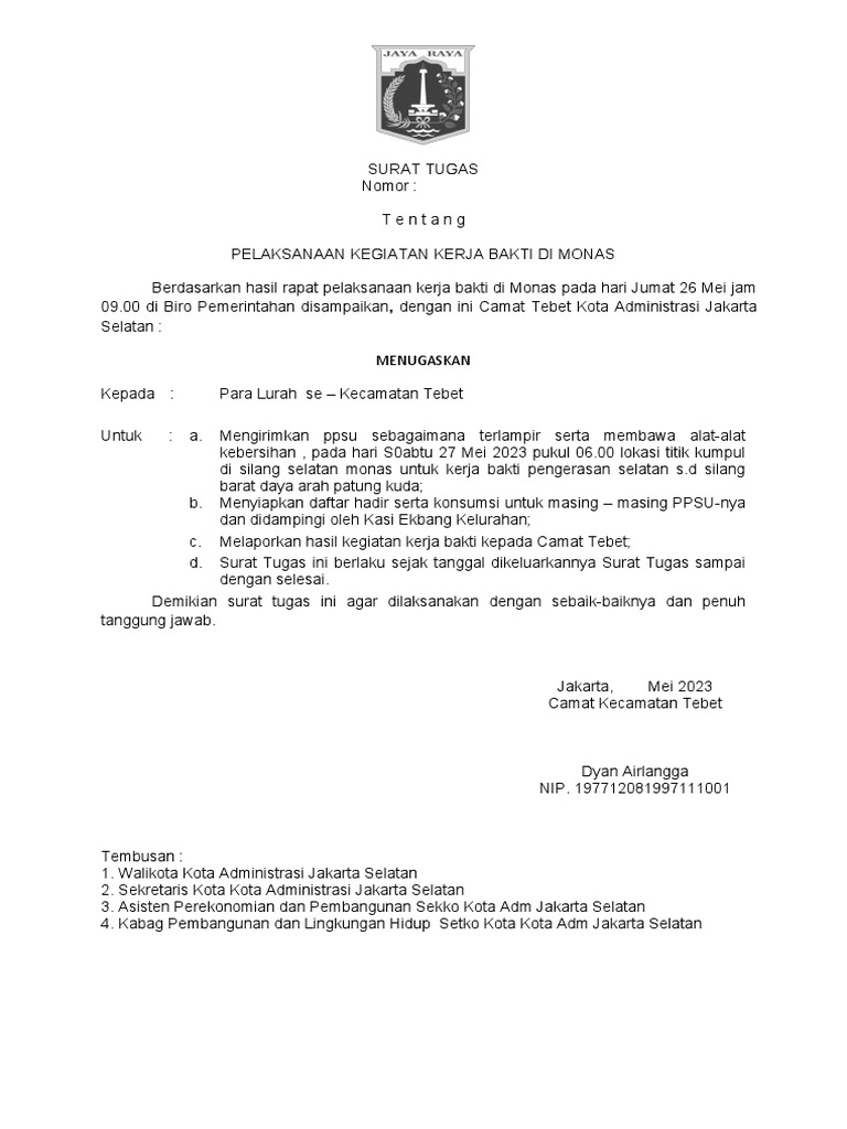 SURAT TUGAS Kerja Bakti Di Monas | PDF