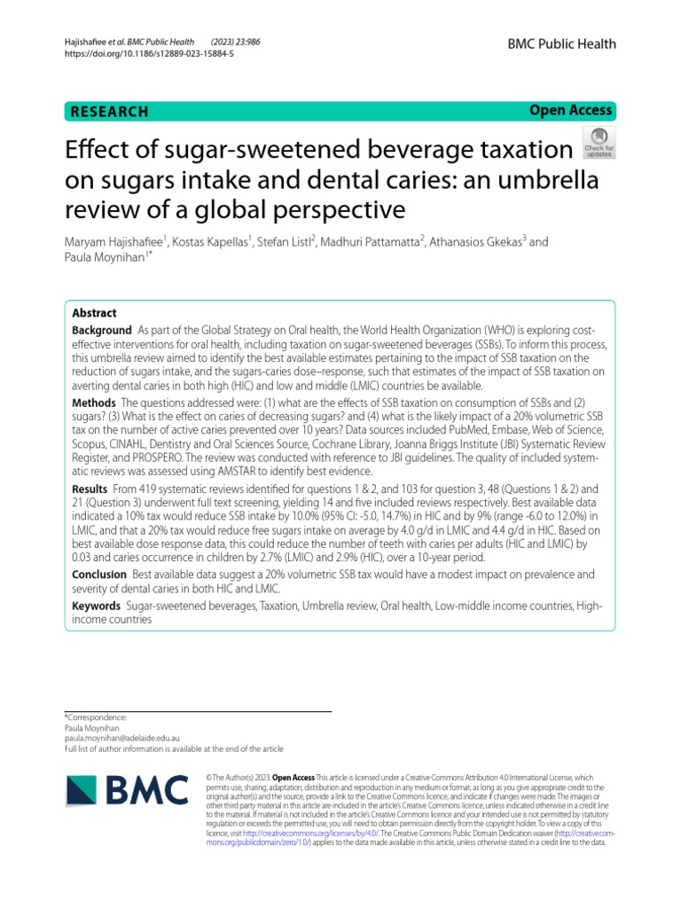 Effect of Sugar-Sweetened Beverage Taxation On Sugars Intake and Dental ...