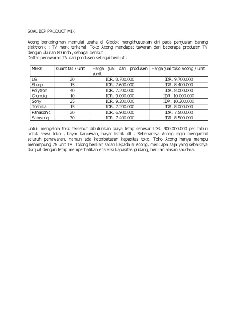 SOAL BEP PRODUCT MIX | PDF
