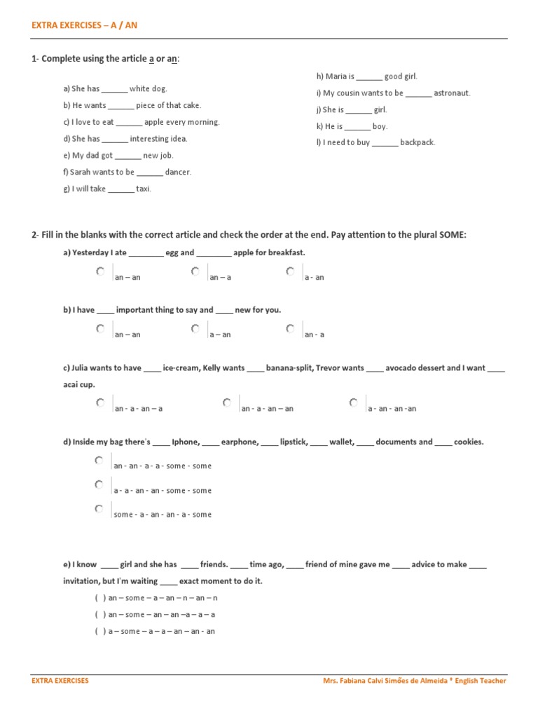 EXTRA EXERCISES - A An | PDF