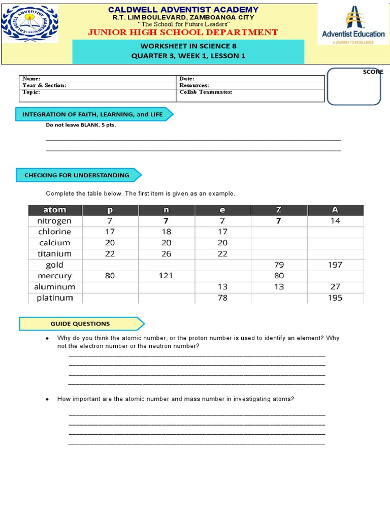G8 Worksheet Q3 W1 | PDF | Chemical Elements | Neutron