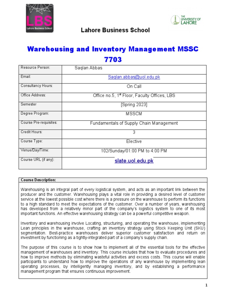 LBS Course Outline MS Warehousing and Inventory Management Spring 2023 ...