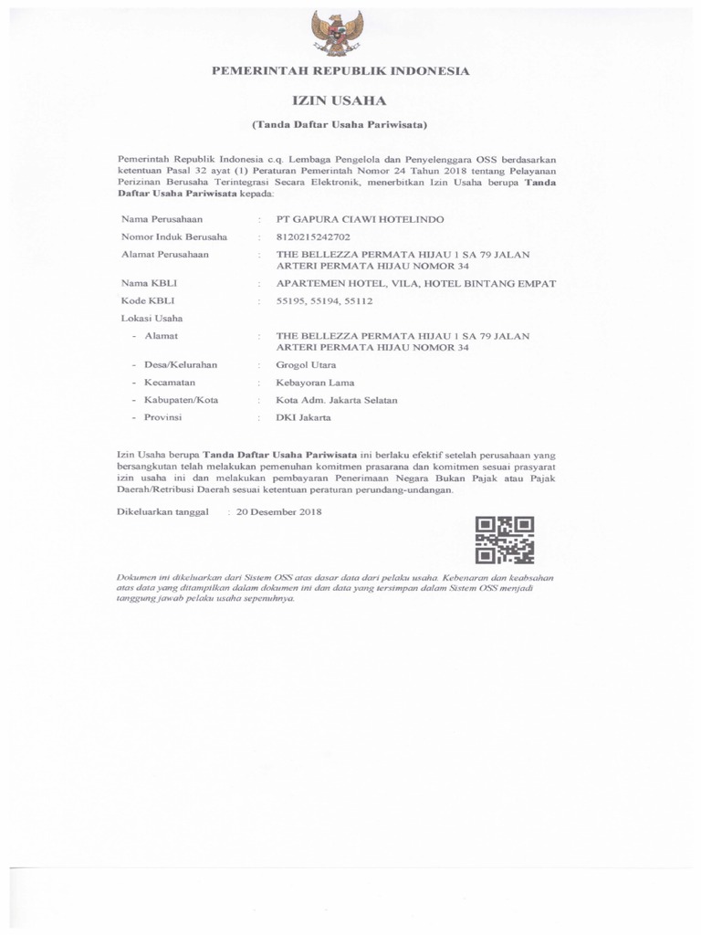 Izin Usaha Tanda Daftar Usaha Pariwisata PT. Gapura Ciawi Hotelindo | PDF