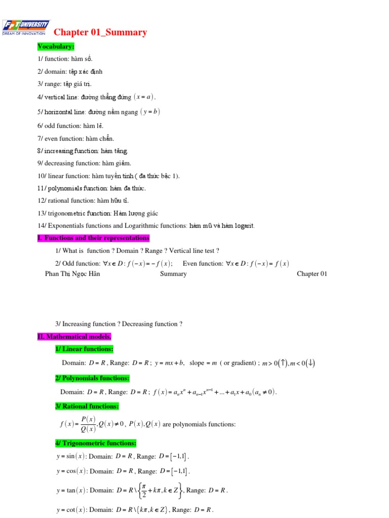 MAE101 SU2023 Chapter 1 Summary | PDF | Function (Mathematics) | Arithmetic