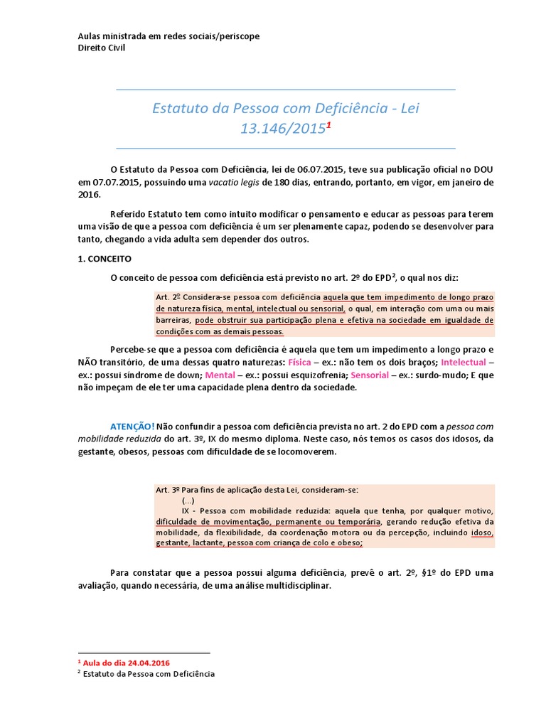 Observaçoes Gerais Sobre o Estatuto Da Pessoa Com Deficiência - Lei 13. ... Observaçoes Gerais Sobre o Estatuto Da Pessoa Com Deficiência - Lei 13. ...