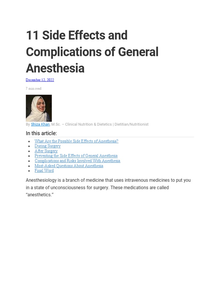 11 Side Effects and Complications of General Anesthesia | PDF ...