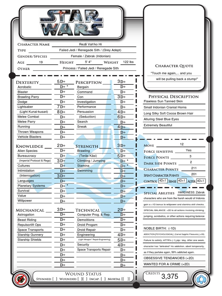 Rezā Vah'ko Hi ~ Renegade Sith STAR WARS WEG d6 Character Sheet | PDF | Armour