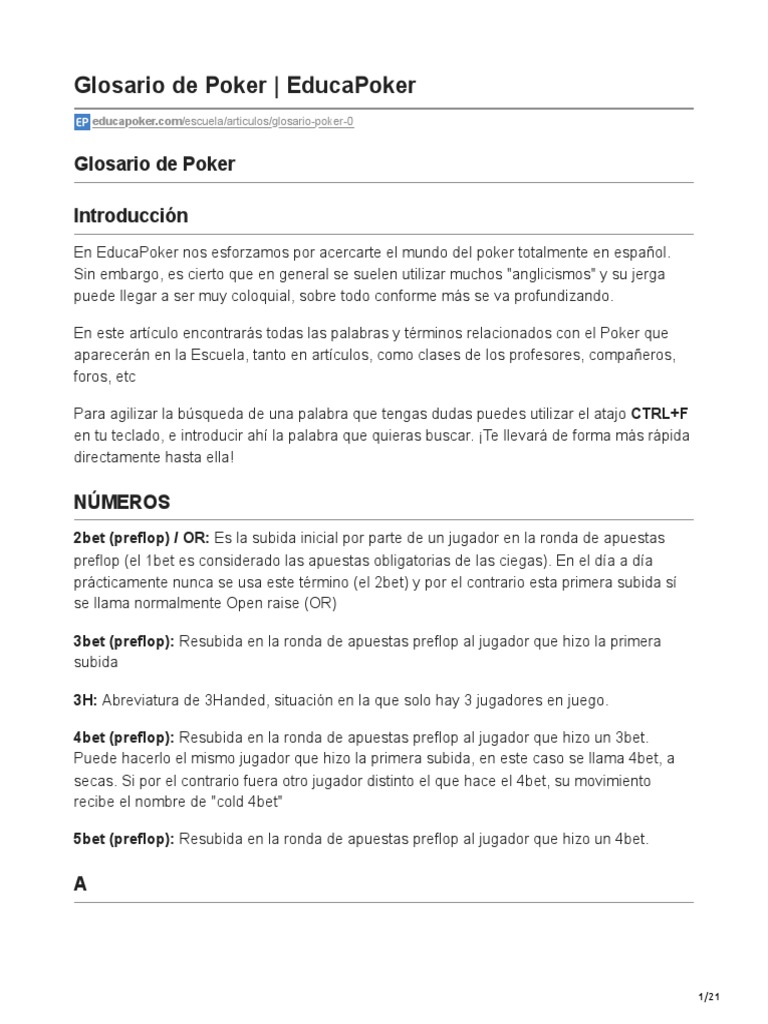 Glosario de Poker | PDF | Póker | Texas Hold 'Em