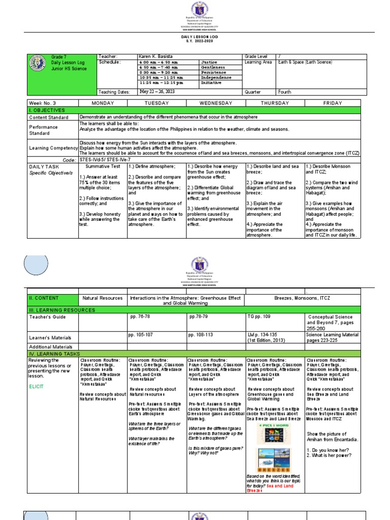 Grade 7 Daily Lesson Log Junior HS Science Teacher: Grade Level ...