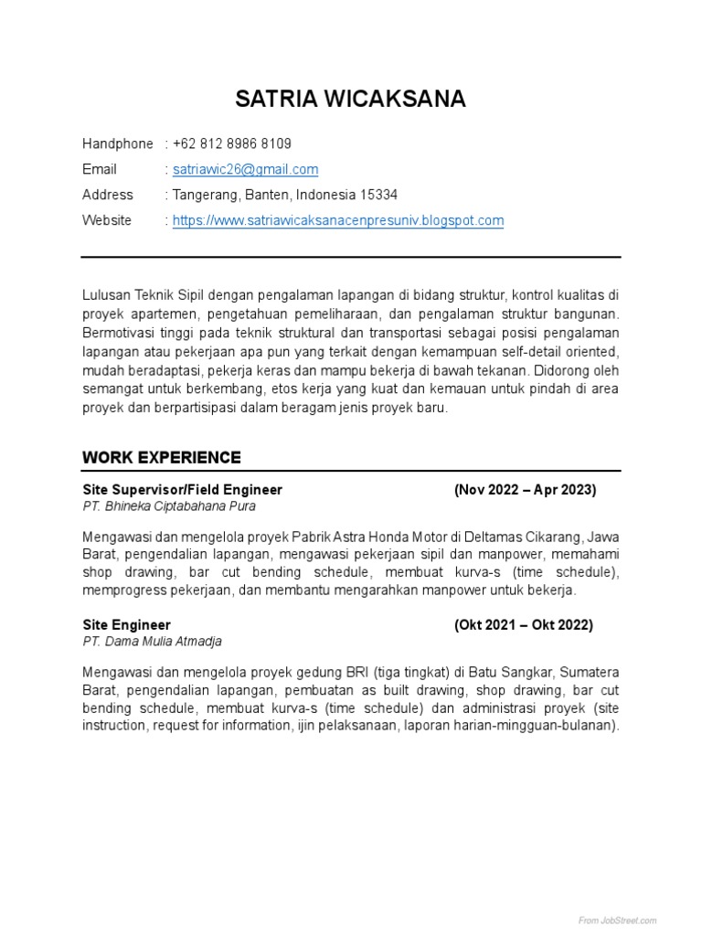 Satria Wicaksana: Work Experience | PDF