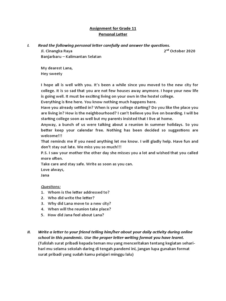 XI Assignment Personal Letter | PDF