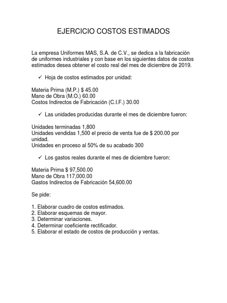 EJERCICIO COSTOS ESTIMADOS | PDF