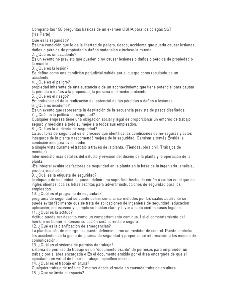 150 Preguntas Clave sobre Seguridad OSHA | PDF | Soldadura | Construcción