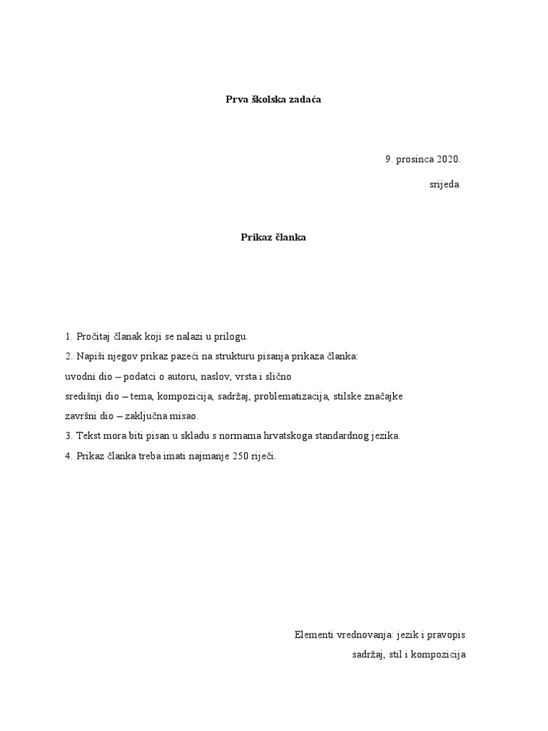 Prva Školska Zadaća - Prikaz Članka | PDF