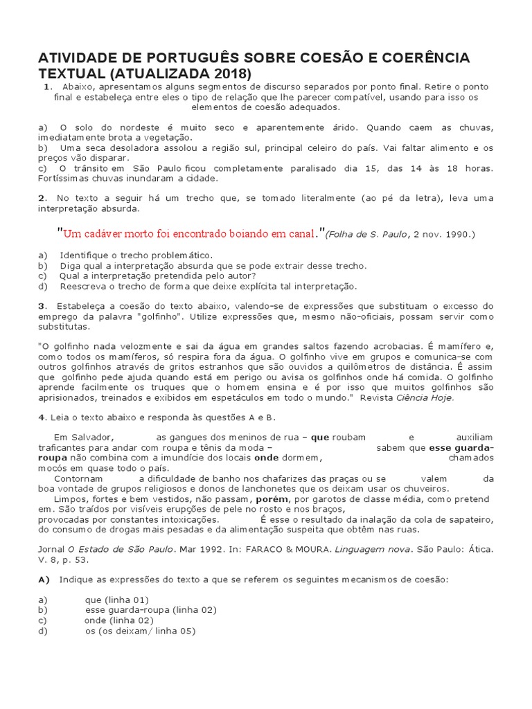 Atividade de Português Sobre Coesão e Coerência Textual | PDF ...