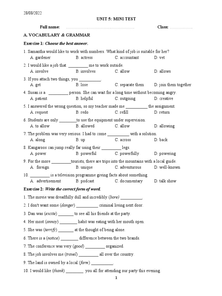 UNIT 5 - MINI TEST - Plans | PDF