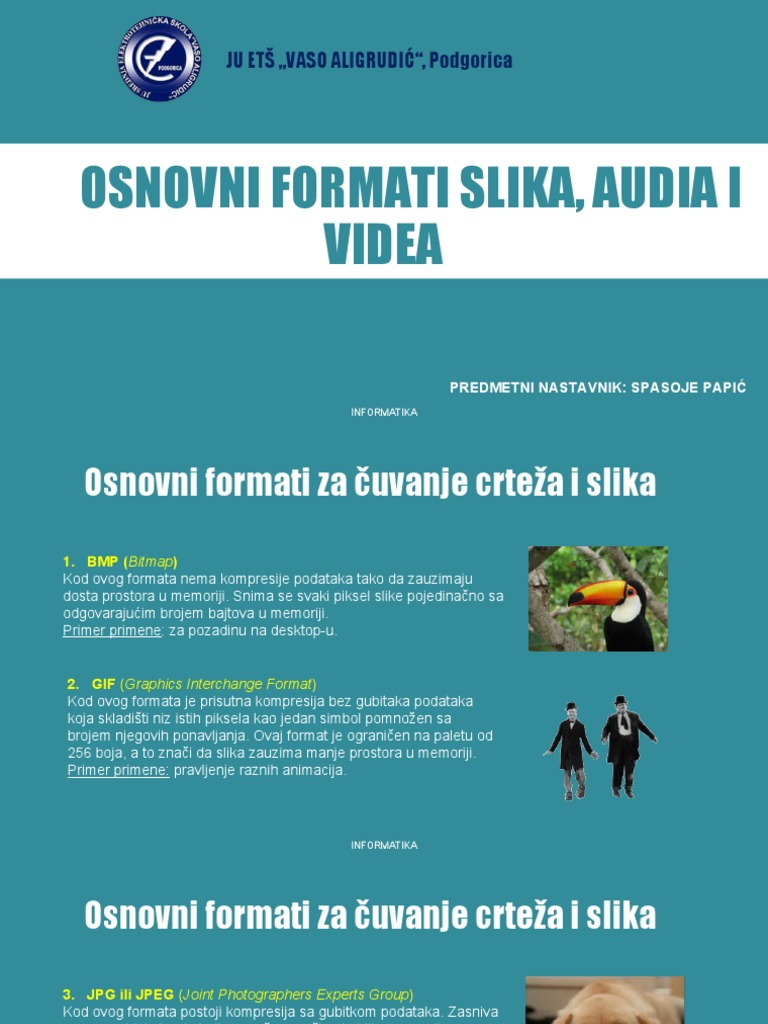 PowerPoint OSNOVNI FORMATI SLIKA, AUDIA I VIDEA. Odjeljenja S2e I S2g | PDF