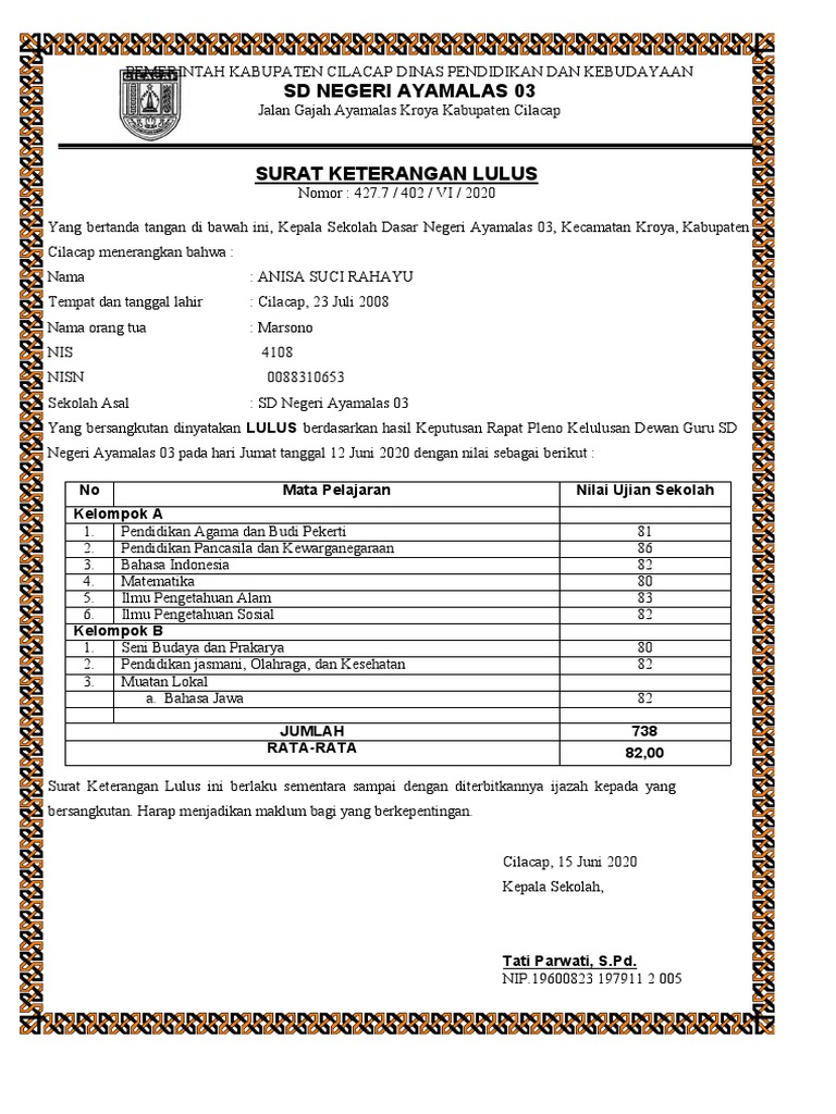 Surat Keterangan Lulus Sd | PDF