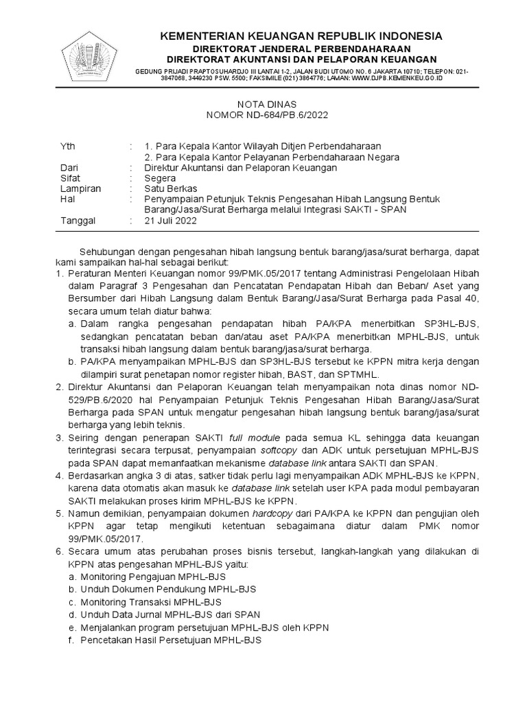 ND - 684 - PB.6 - 2022 Juknis MPHL-BJS SAKTI-SPAN 2022 | PDF
