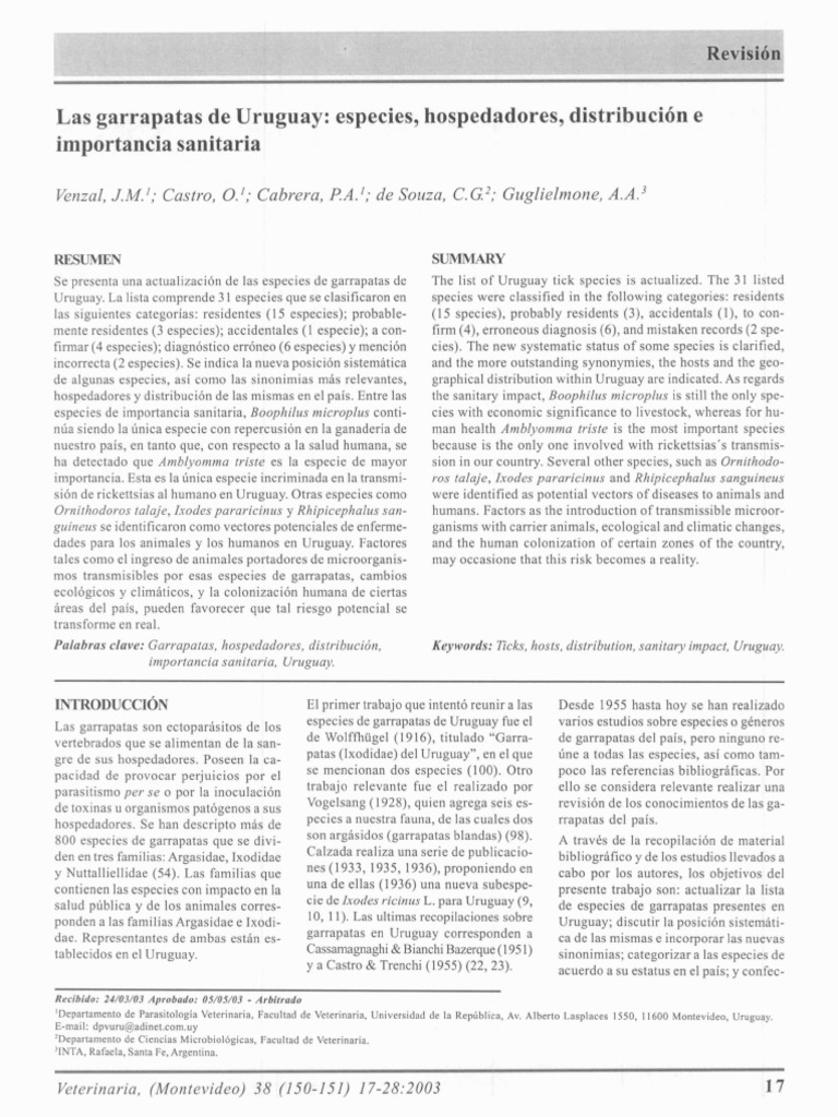 Garrapatas en Uruguay: Especies y Salud | PDF | Organismos