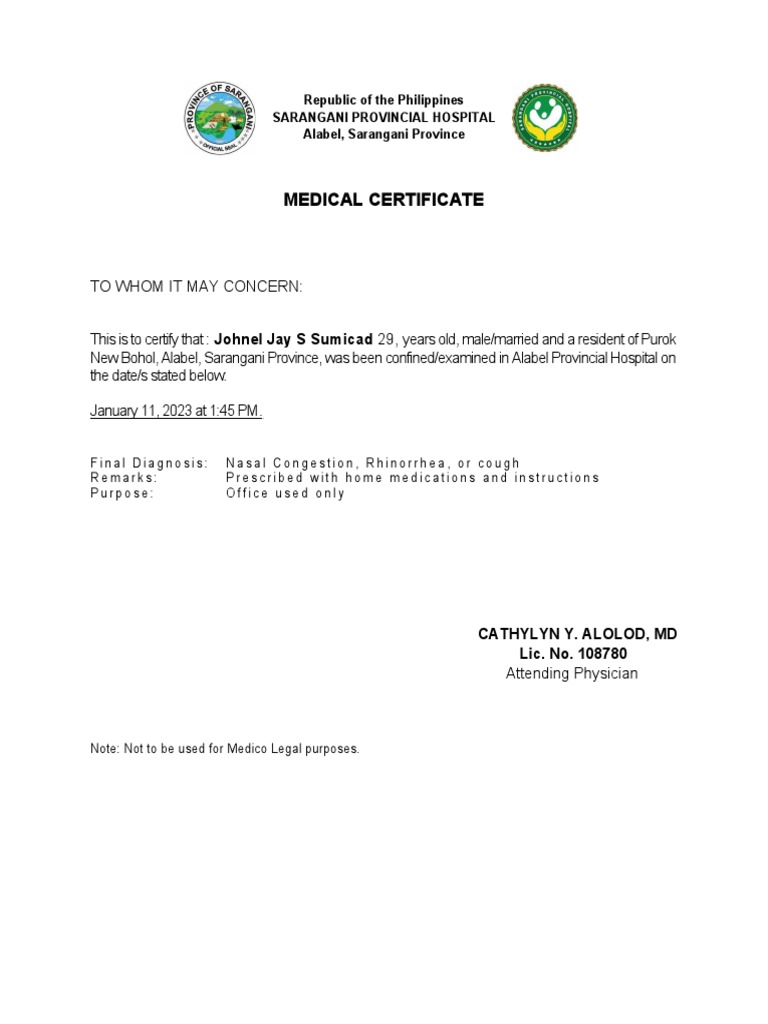 Medical Certificate for Johnel Jay S. Sumicad | PDF