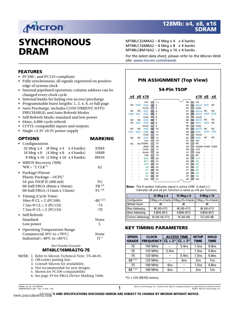 Synchronous Dram: Pin Assignment (Top View) 54-Pin TSOP Features | PDF ...