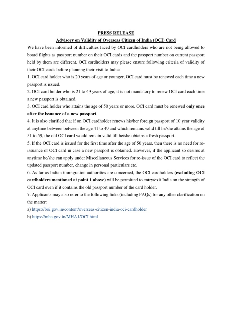 OCI Card Validity Advisory | PDF
