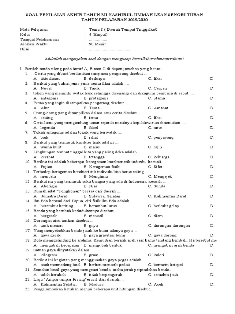 Form Soal & Jawaban Kelas 4 Tema 8 | PDF