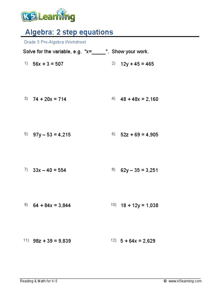 Grade 5 Algebra: 2-Step Equations Worksheet | PDF