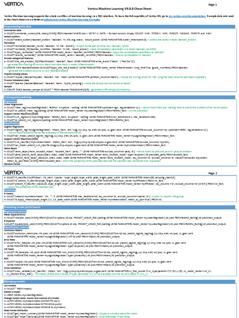 Vertica Machine Learning V9.0.0 Cheat Sheet: Preprocessing The Data ...