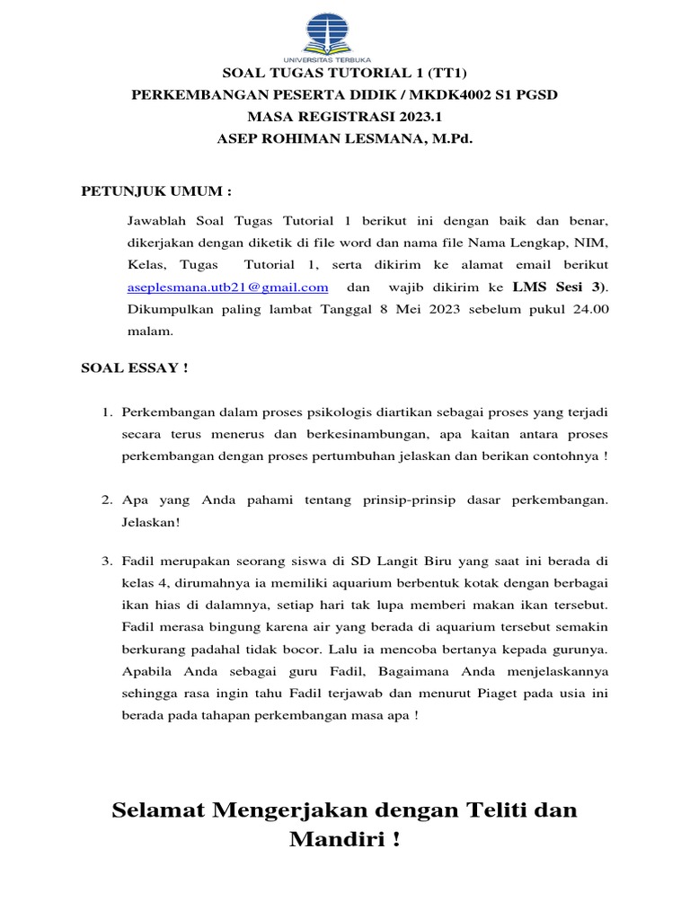 SOAL TUGAS TUTORIAL 1 PPD - Pokjar Garut | PDF | Pengembangan Diri | Kesehatan Holistik