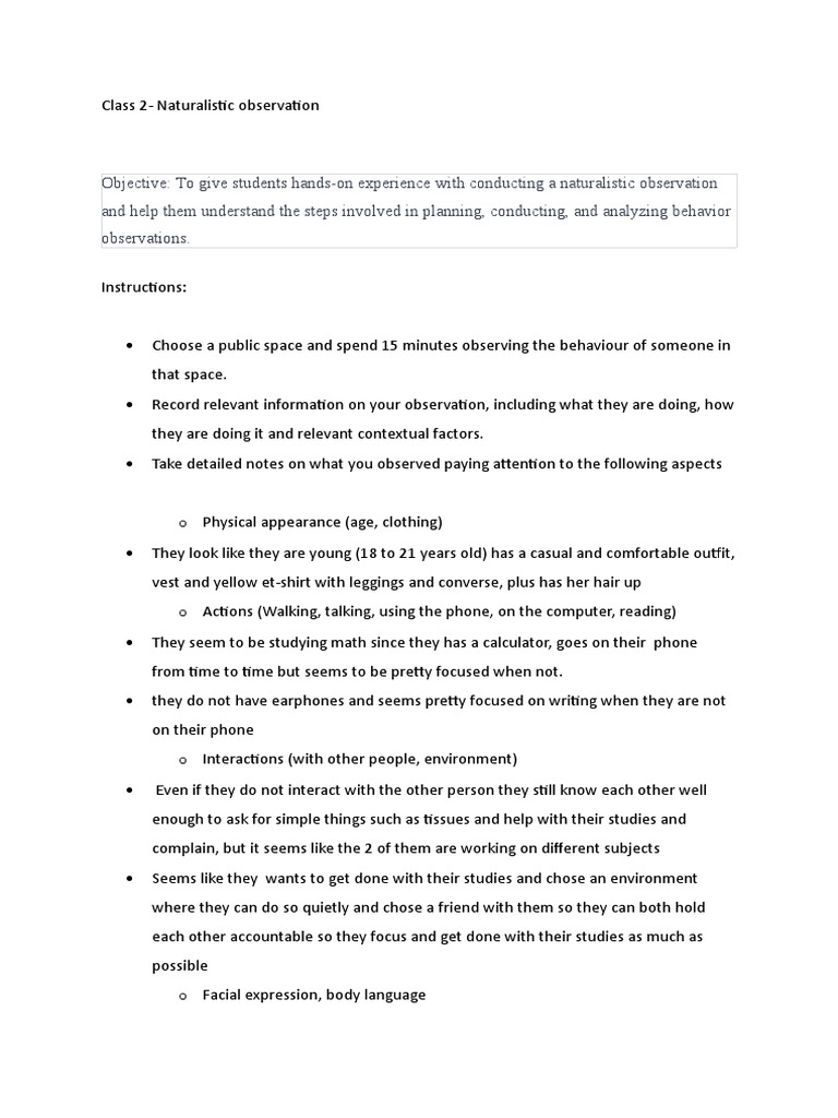 Naturalistic Observation Guide | PDF | Body Language | Behavioural Sciences