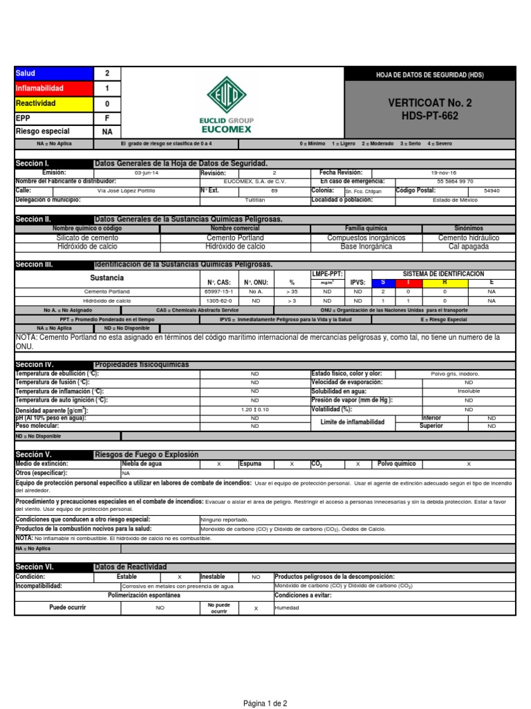 Hoja de Seguridad Verticoat-No-2 | PDF | Agua | Dióxido de carbono