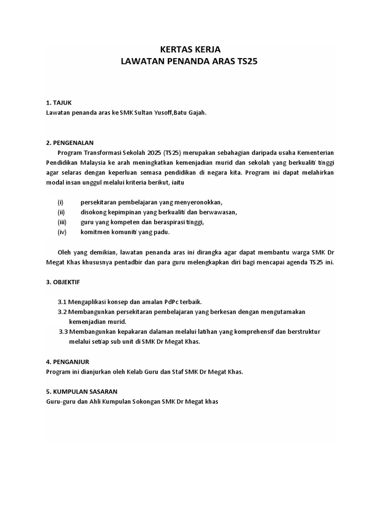 Kertas Kerja Lawatan Penanda Aras ts25 | PDF