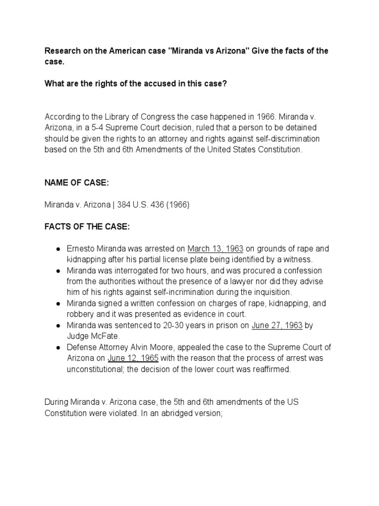 Research On The American Case "Miranda Vs Arizona" Give The Facts of ...